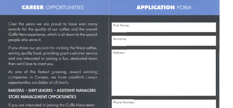 Caffe Nero Job Application Form PDF - Careers, How to Apply, Positions ...